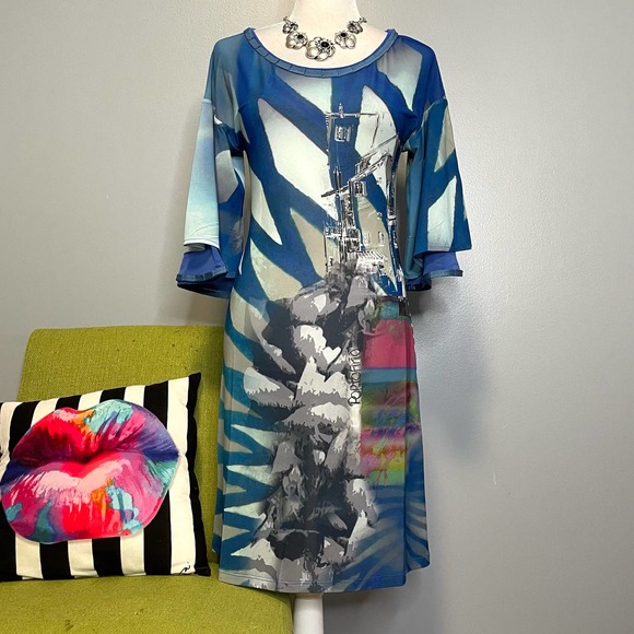 Save The Queen | Dresses | Save The Queen Blue Mesh Graphic Bell Sleeve ...